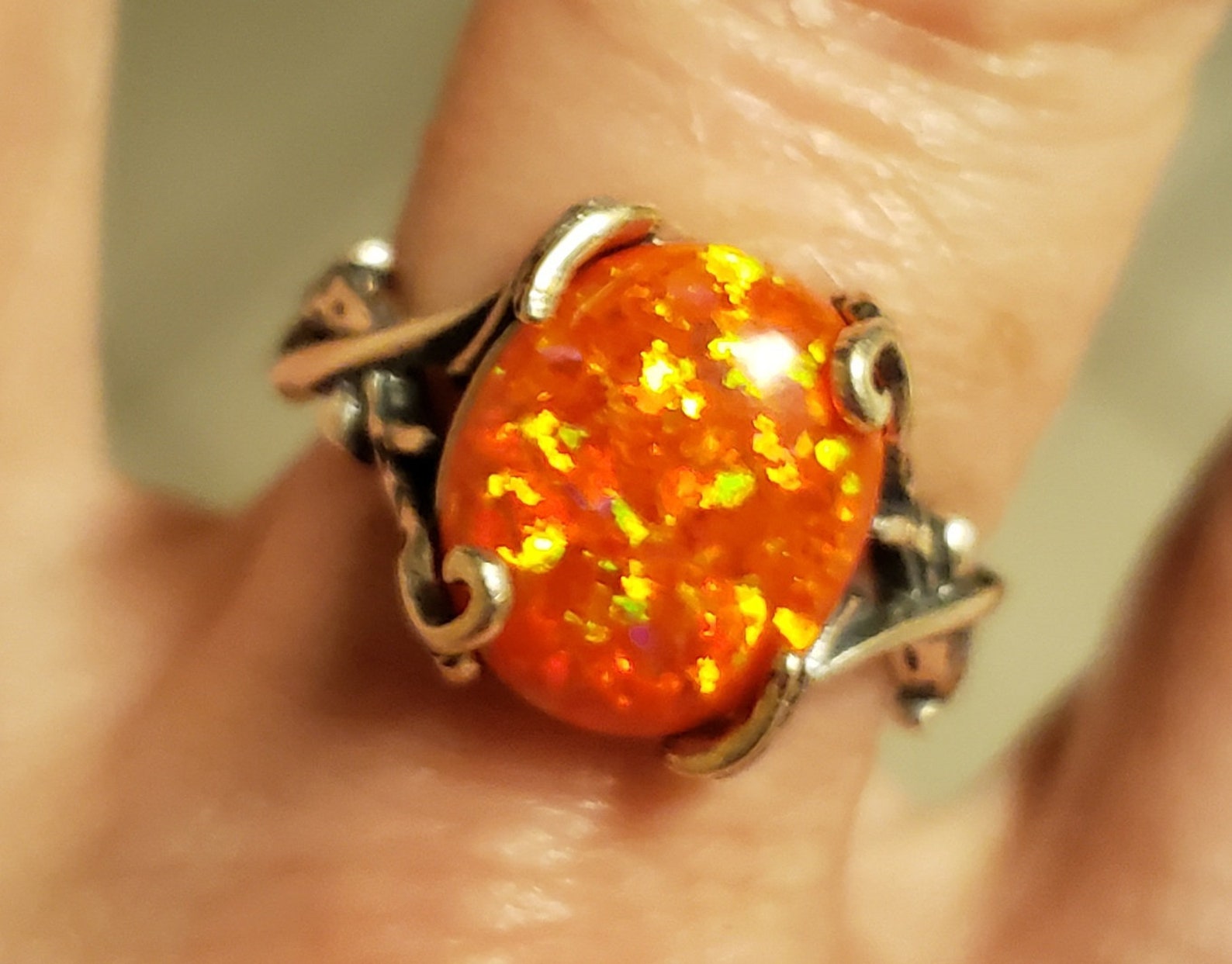 Orange Fire Opal Ring, See Video! Vine & Leaf Ring, Firey 10x12mm Lab ...