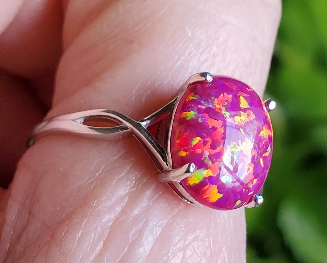 Scarlet Magenta Fire Opal Ring, See Video for Flashy Fire! 10x12mm Lab Created Opal, 925 ...