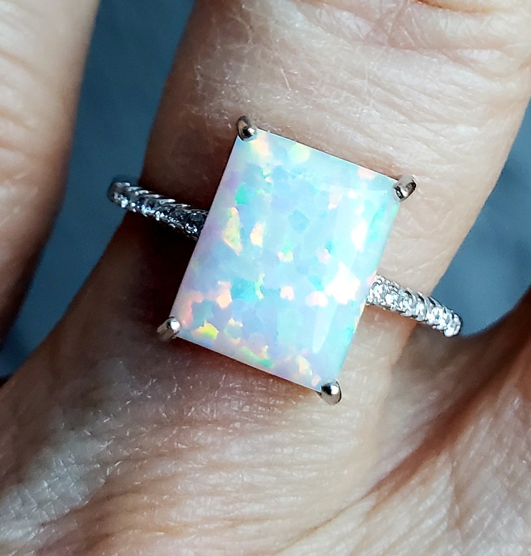 White Rectangle Opal Ring, See Pretty Fire on Video 8x10mm Lab Created ...