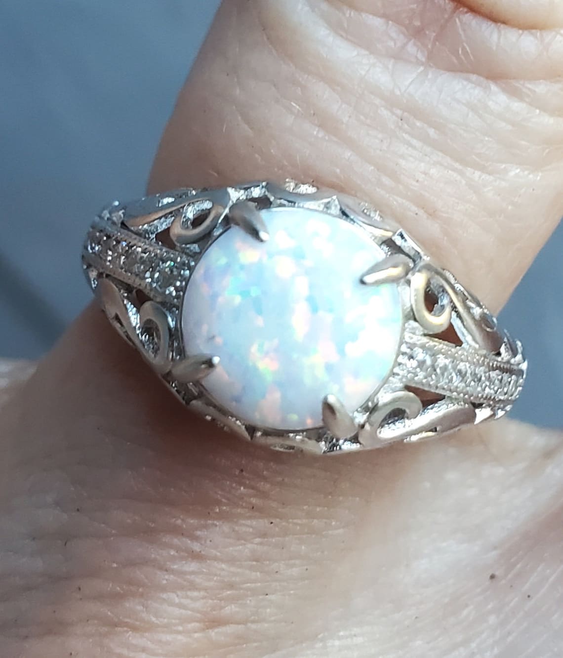White Fire Opal Vintage Style Ring See Video 8mm Lab Created - Etsy