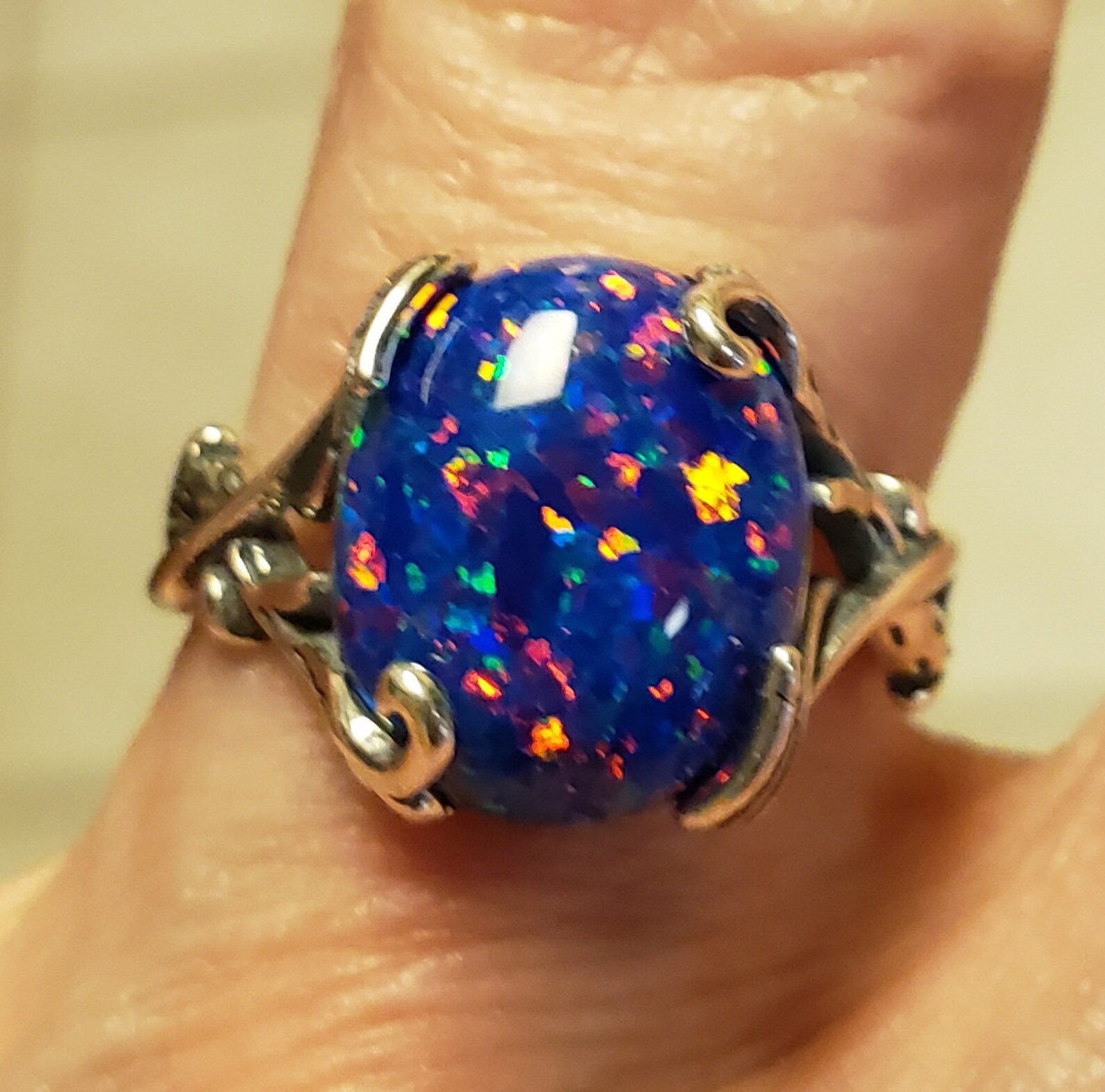 Starry Night Deep Blue Opal Ring, See Video! Gorgeous Lab Created Opal ...
