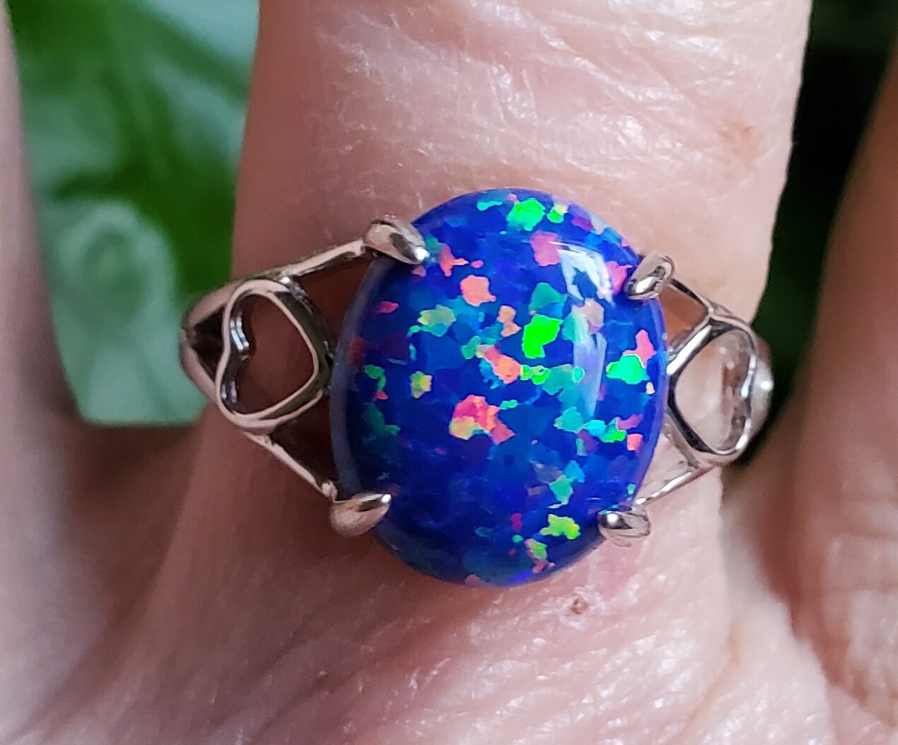 Starry Night Blue Opal Ring, See Pretty Fire on Video! Big 11x9mm Lab ...