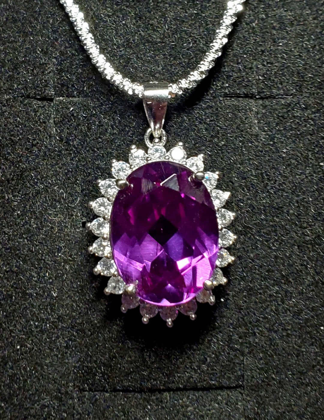 Alexandrite Halo Necklace, 12x16mm Lab Grown Gem, 925 Sterling CZ Halo ...