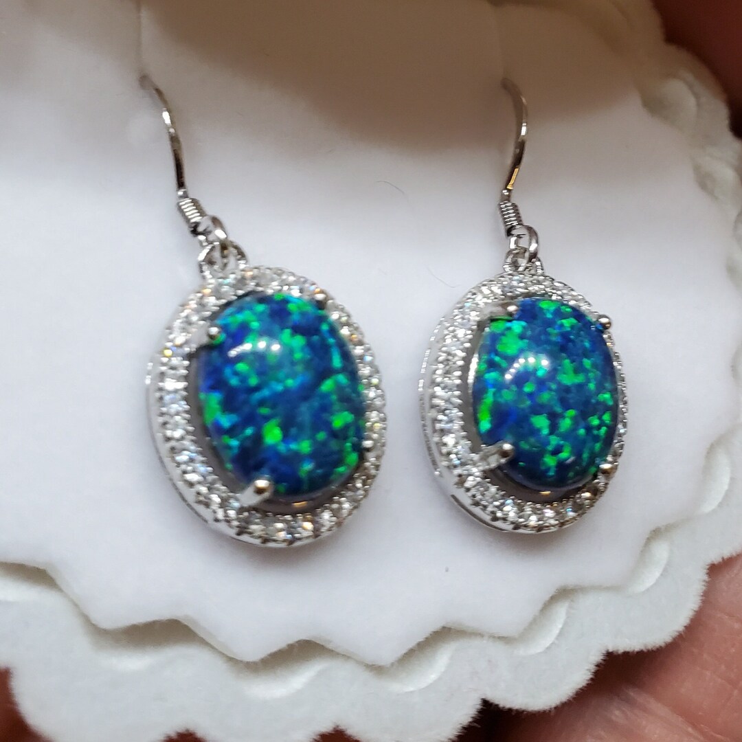 Peacock Blue-green Opal Earrings, See Video 8x10mm Lab Created Opals, 925 Sterling CZ Halos, Ear ...