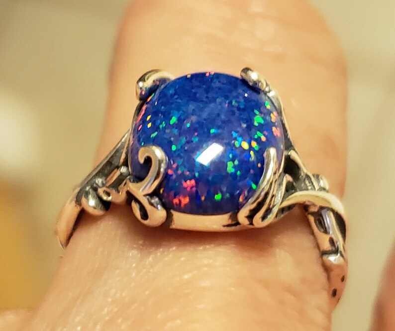 Starry Night Deep Blue Opal Ring, See Video! Gorgeous Lab Created Opal ...