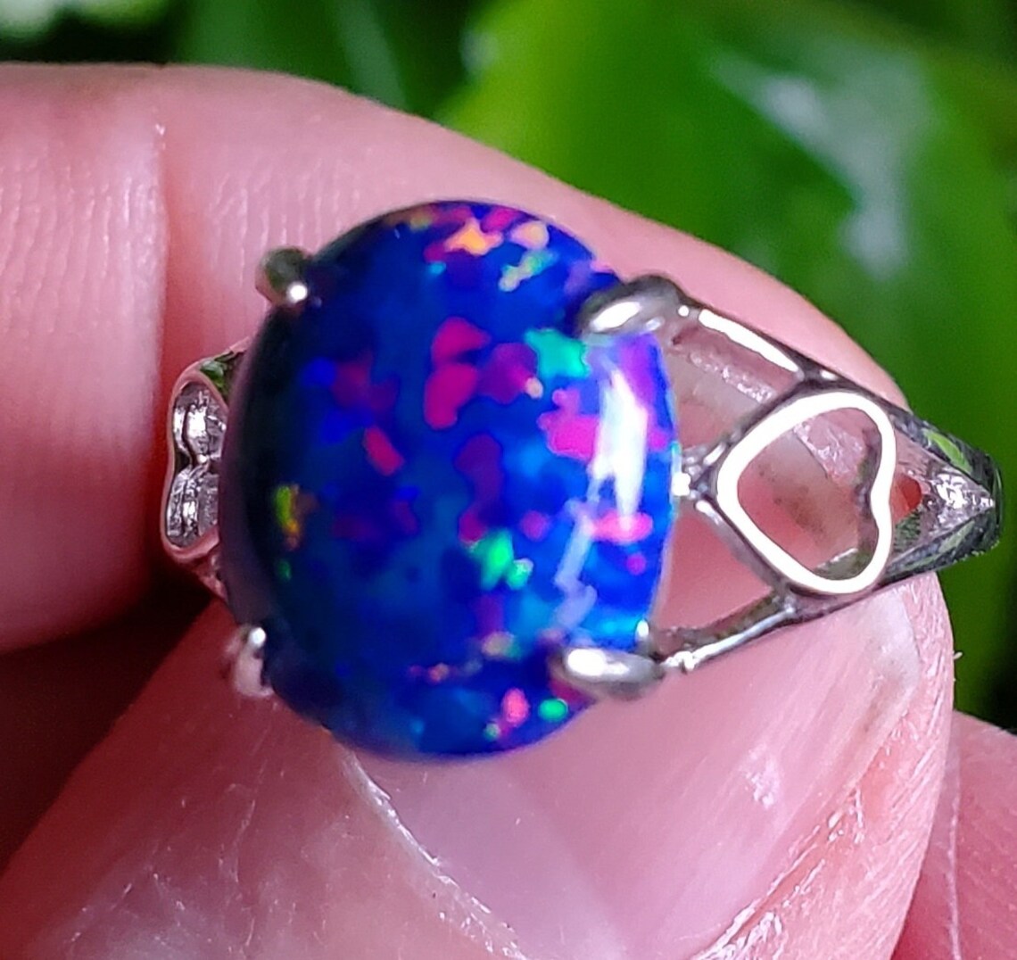 Starry Night Blue Opal Ring, See Pretty Fire on Video! Big 10x12mm Lab ...
