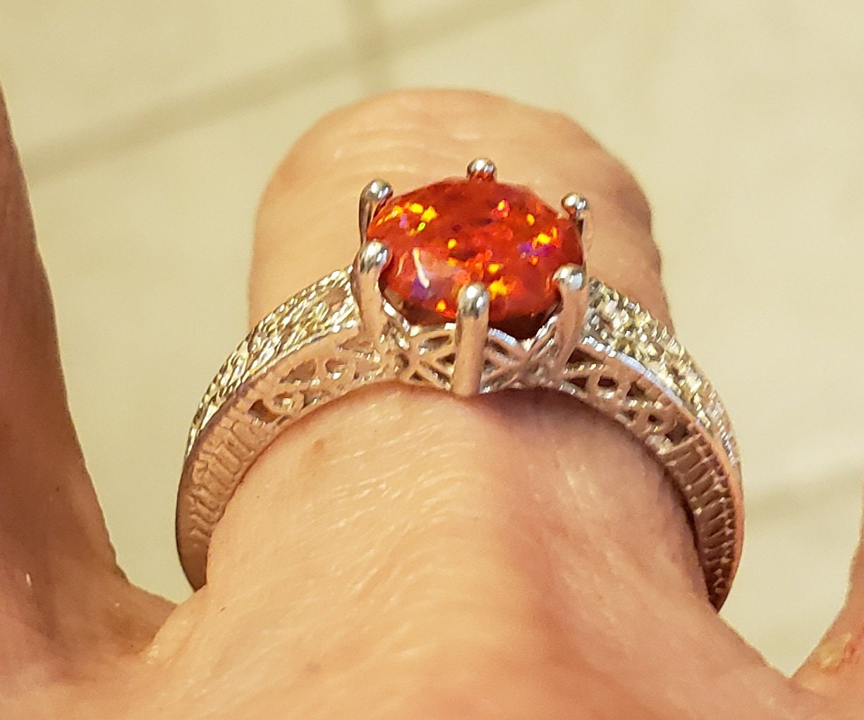 Red Round Fire Opal Ring See Video Bright Red Lab Opal Full | Etsy