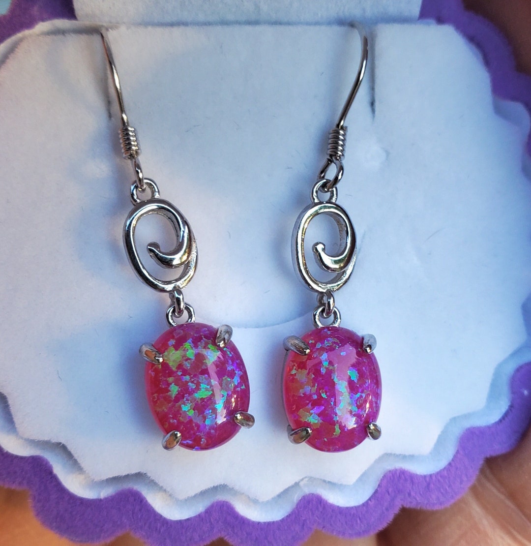 Magenta Opal Earrings, 8x10mm Lab Created Opals, 925 Sterling Swirl Design in Velvet Shell Box ...