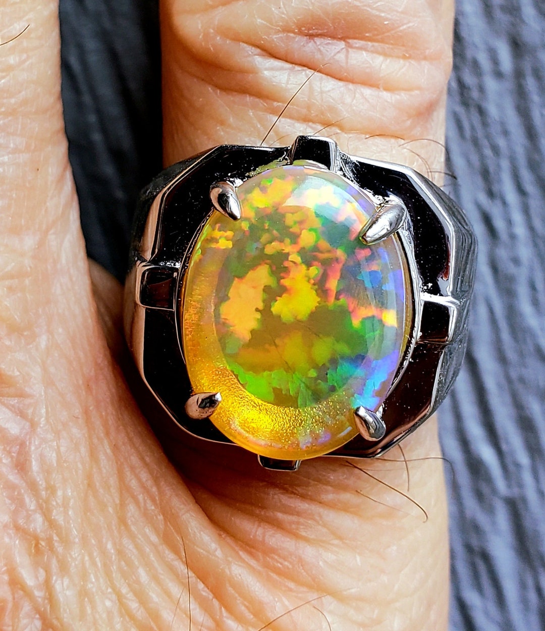 Natural Fire Opal Men's Ring, Must See Video Golden 13x17mm 6.6 Carat ...