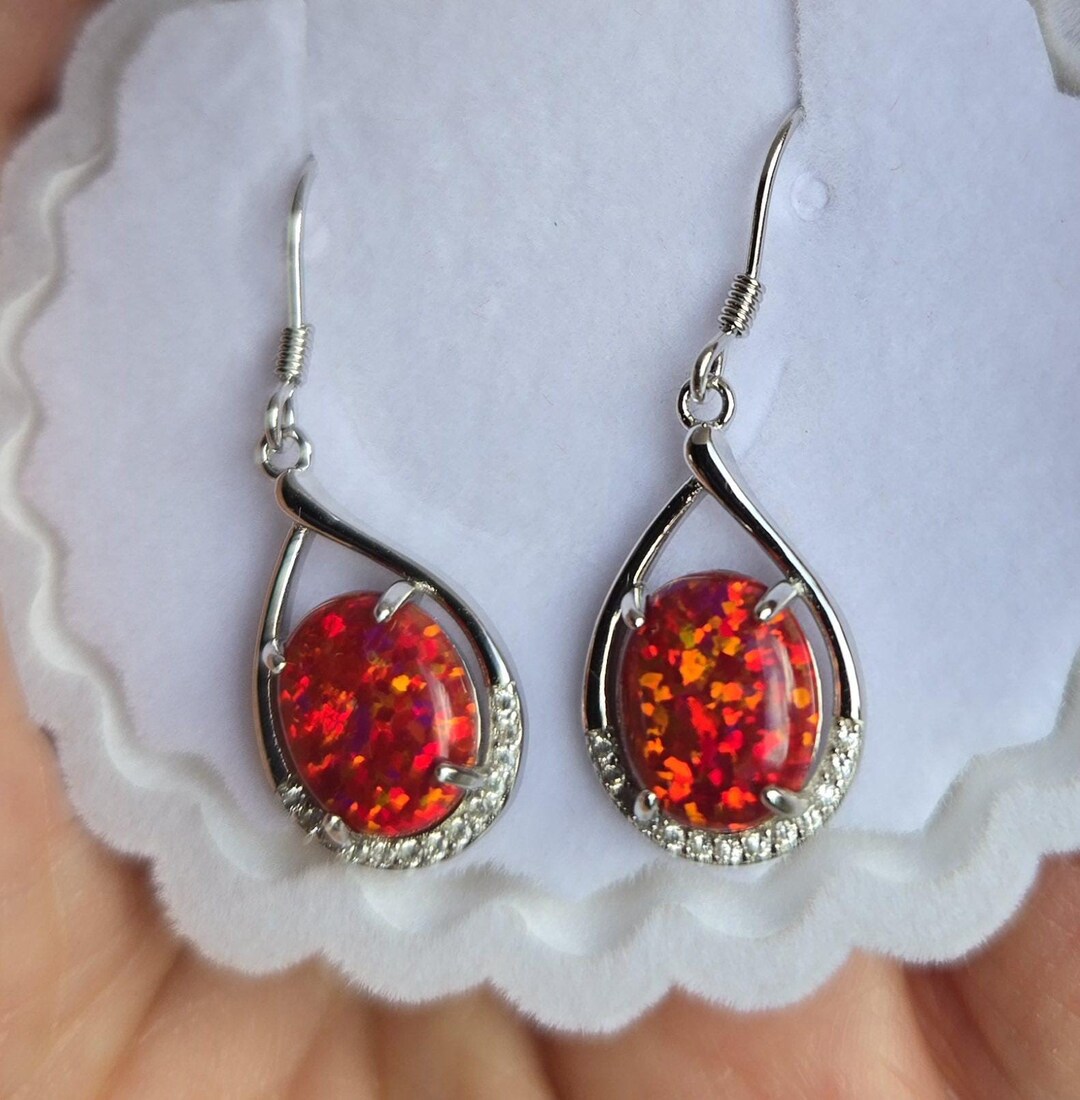 Red Fire Opal Earrings, See Fire on Video! 8x10mm Lab Created Opals ...