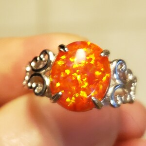 Orange Fire Opal Ring, See Video. Big Firey Lab Created Opal 10x12mm ...