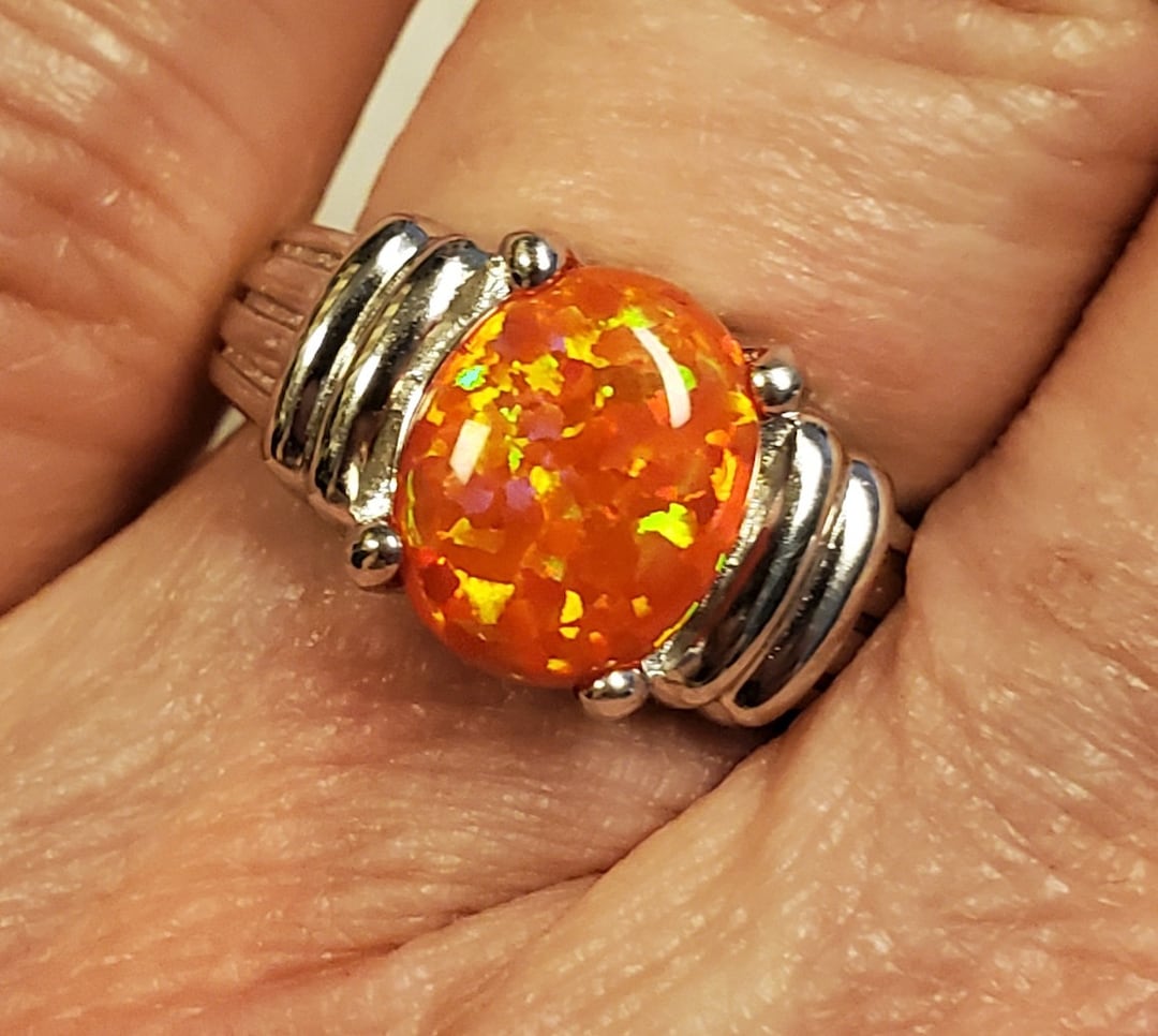 Orange Fire Opal Ring, See Fire on Video! Favorite 8x10mm Lab Created Opal, Sturdy 925 Sterling ...