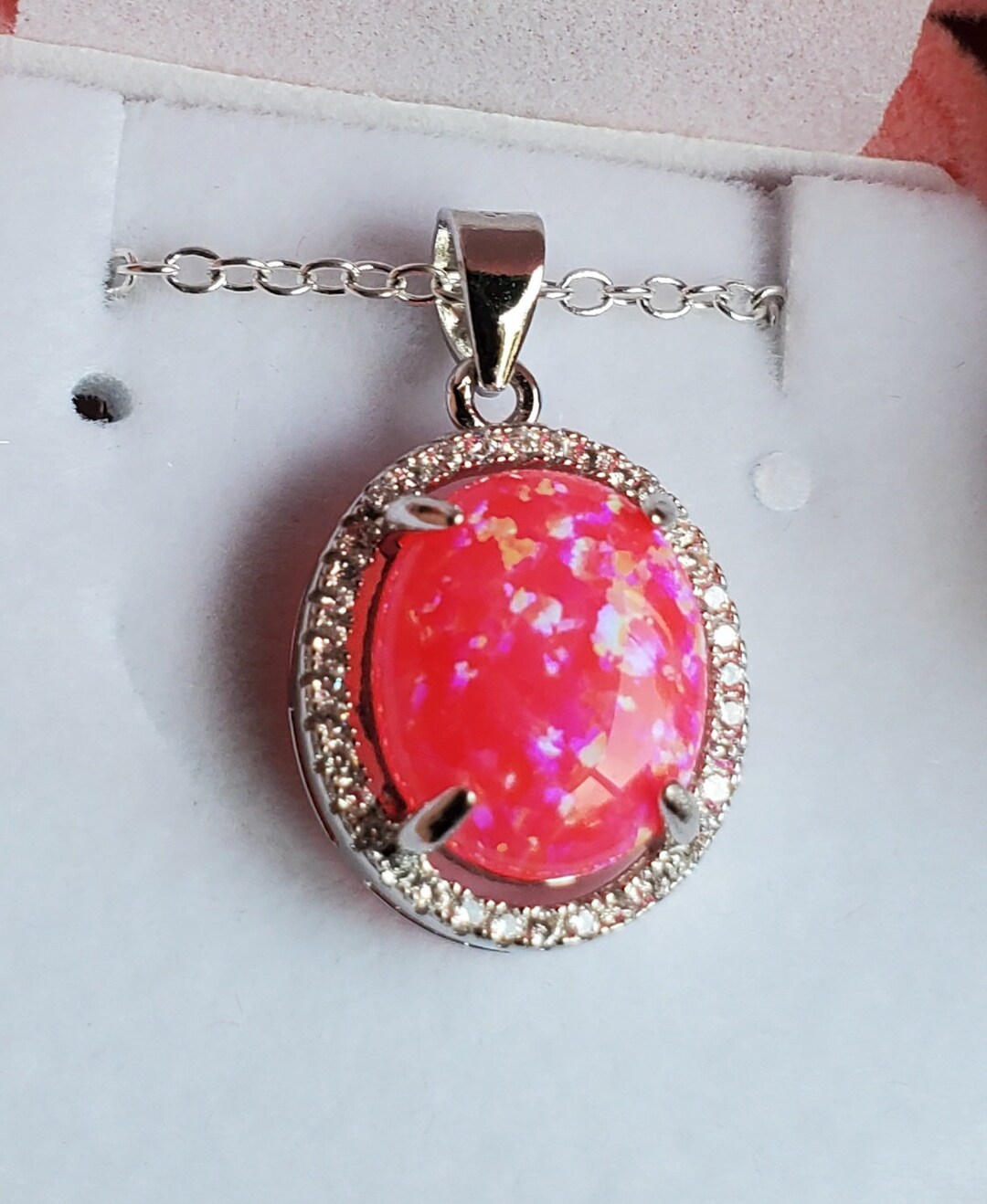 Hot Pink Opal Halo Necklace, See Pretty Fire on Video! 10x12mm Lab ...
