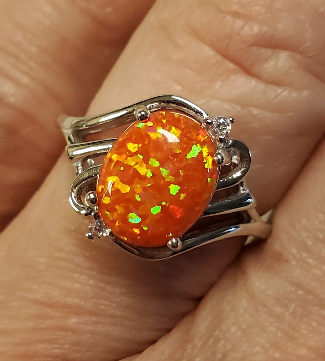 Orange Fire Opal Ring, See Fire on Video! 8x10mm Lab Created Synthetic Opal, 925 Sterling Curves ...