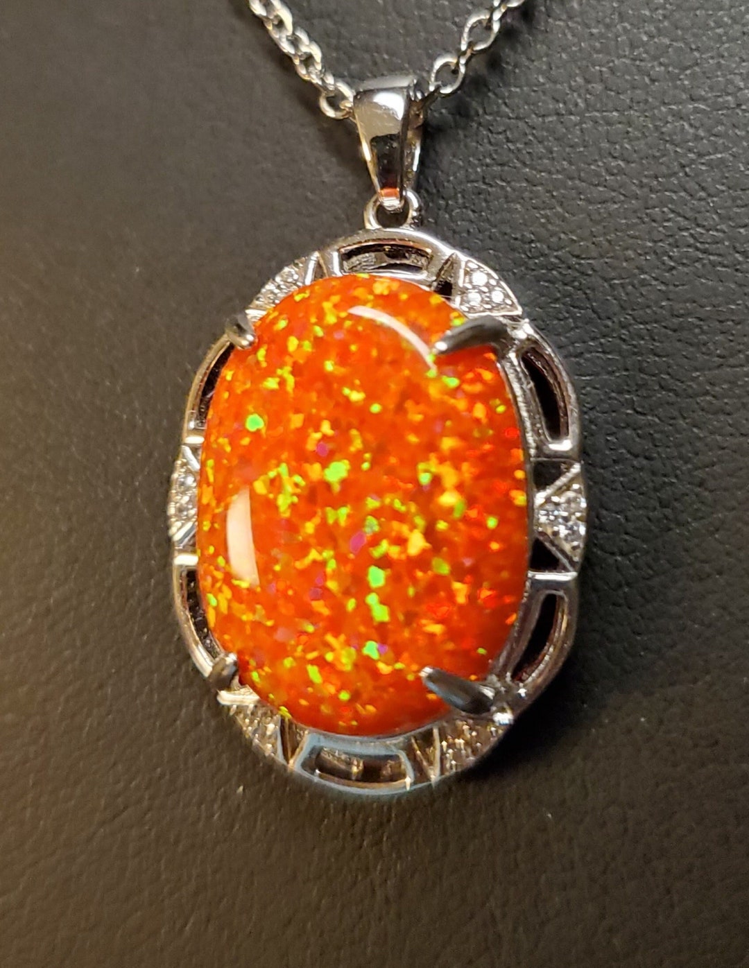 Large Orange Fire Opal Necklace, See Fire on Video! Big 15x20mm Lab ...