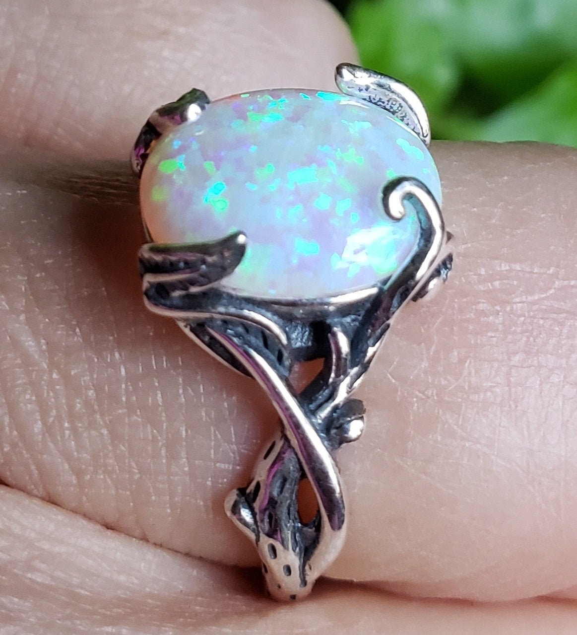 White Fire Opal Ring, Vine and Leaf Design. Big 10x12mm Lab Opal Glows ...