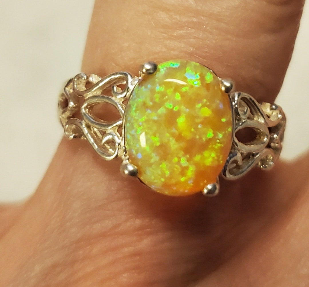 Yellow-orange Opal Silver Filigree Ring, 8x10mm Lab Created Citrine Color Opal, 925 Sterling ...