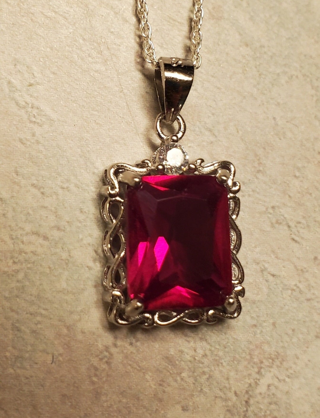 Red Ruby Rectangular Necklace, See Video 8x10mm Simulated Ruby, 925 ...