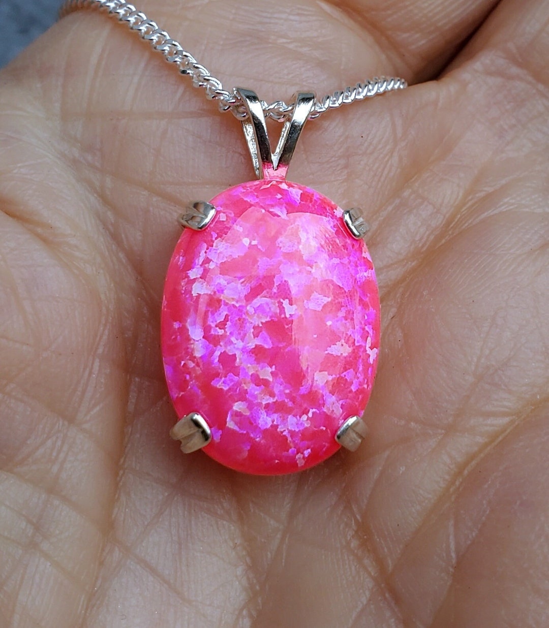 Large Bright Pink Opal Necklace, See Video! Big 15x20mm Lab Created ...