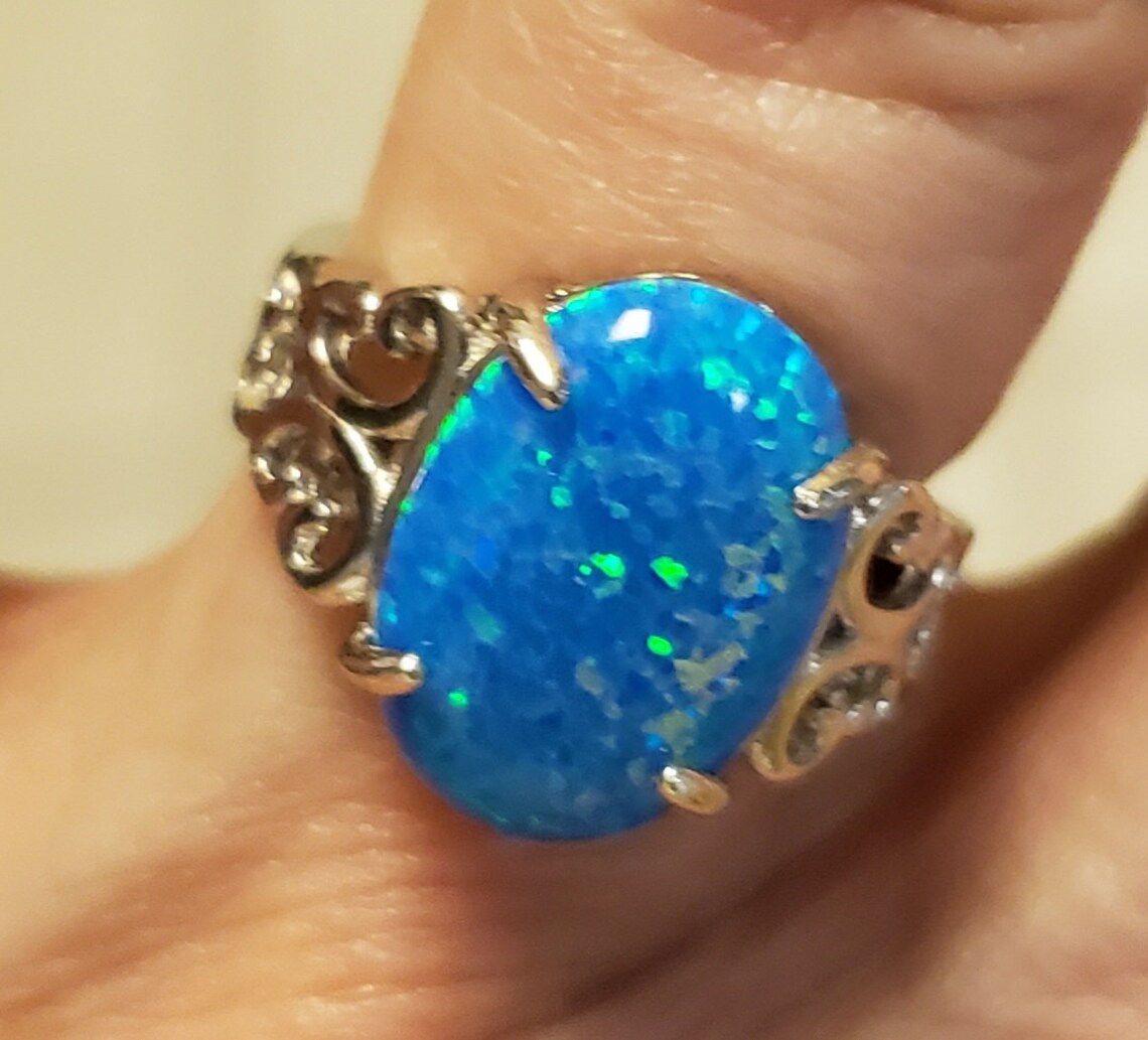 Blue Opal Ring Must See Shimmer in Video 10x14mm Lab - Etsy