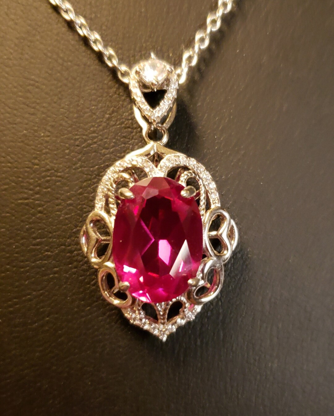 Big Ruby Necklace, 10x14mm Lab Grown Ruby, 925 Sterling Silver Rococo ...