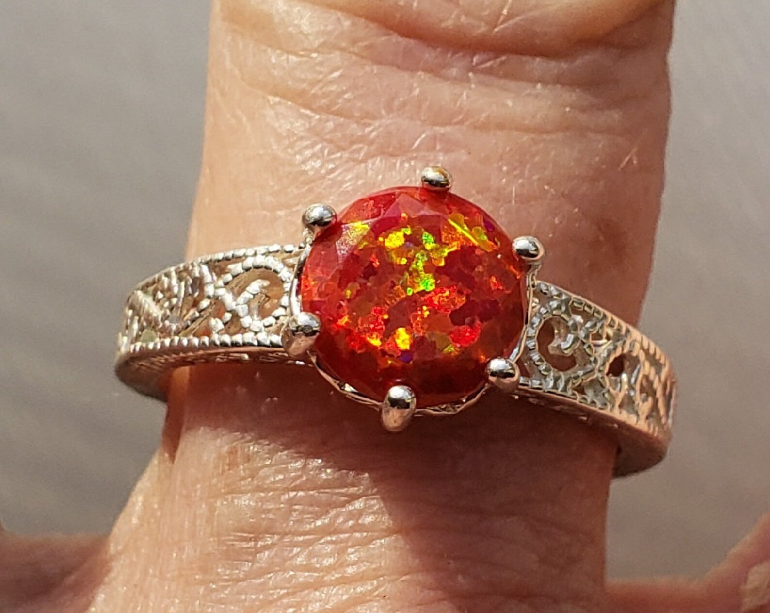 Red Round Fire Opal Ring See Video Bright Red Lab Opal Full | Etsy