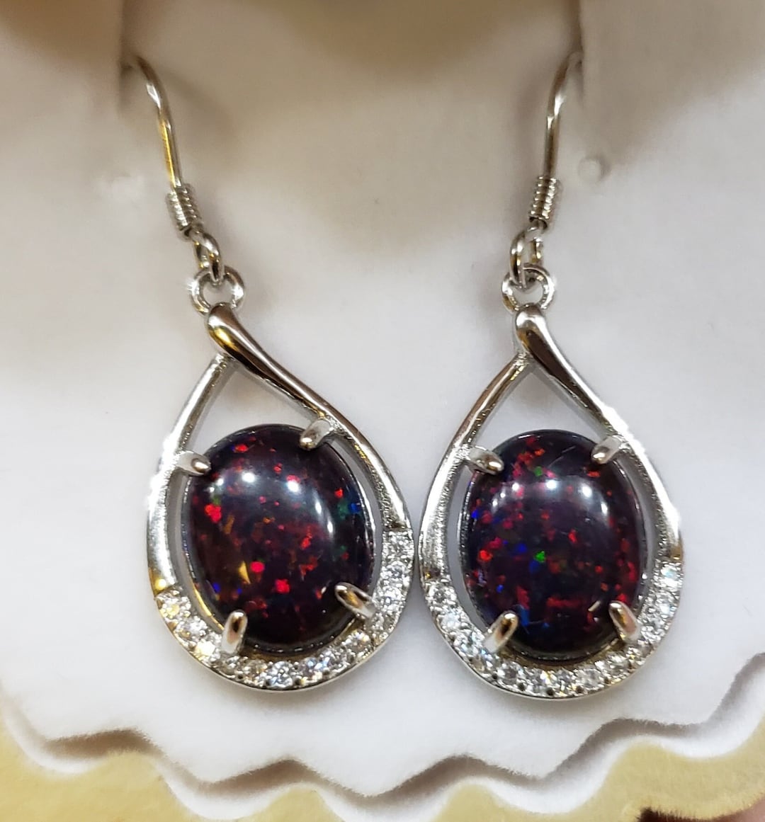 Black Fire Opal Earrings, See Video for Cherry Fire 8x10mm Lab Created Opals, 925 Sterling ...