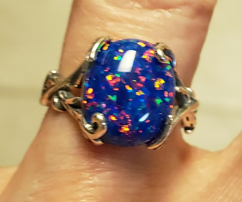 Starry Night Deep Blue Opal Ring, See Video! Gorgeous Lab Created Opal ...