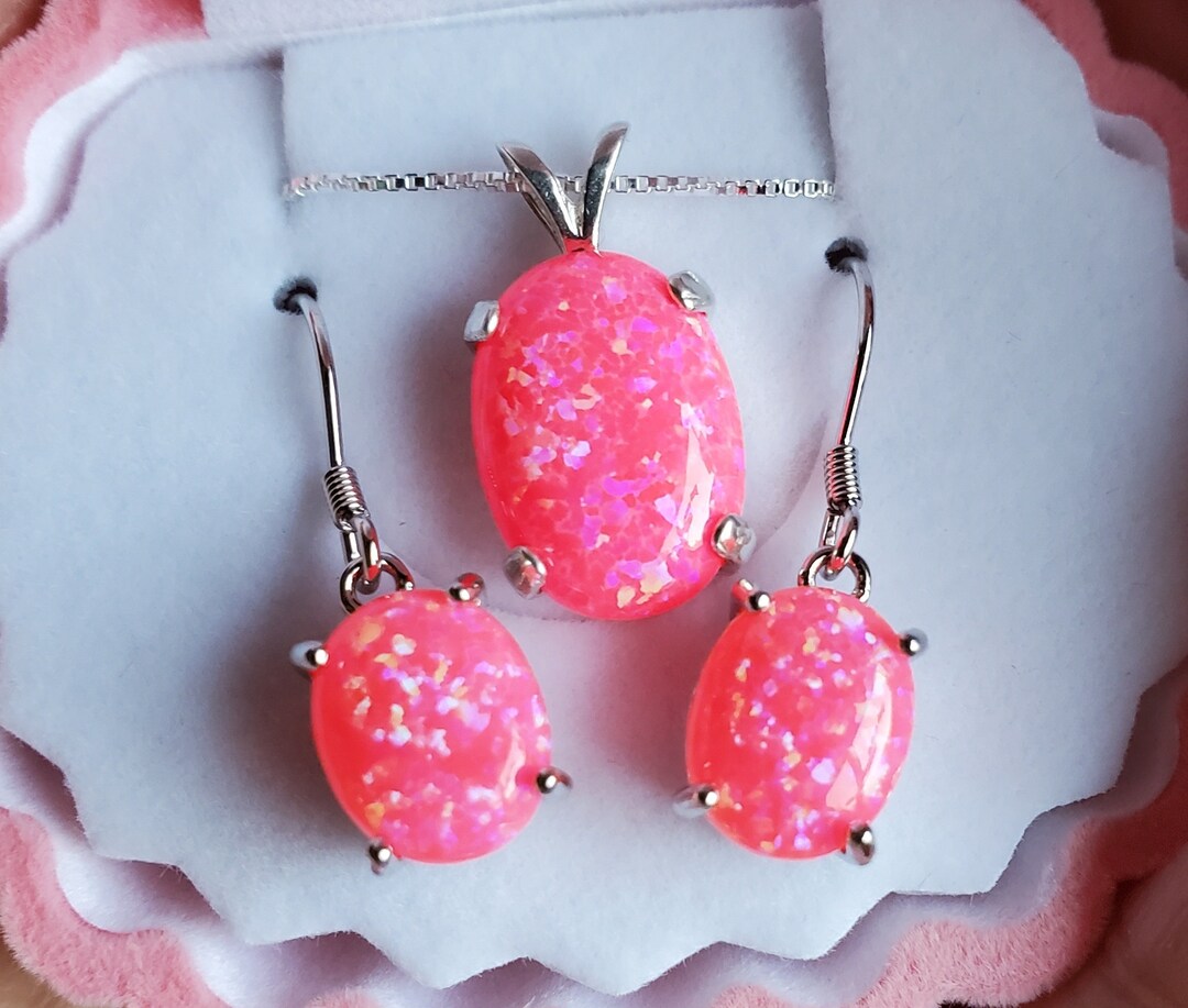 Hot Pink Opal Necklace/earring Set, See Video! 10x14mm & 8x10mm Lab ...