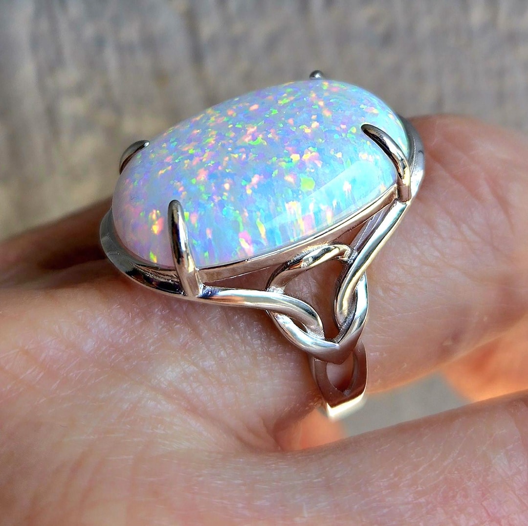 Huge White Opal Ring, See Video! 18x25mm Lab Created Synthetic Opal ...