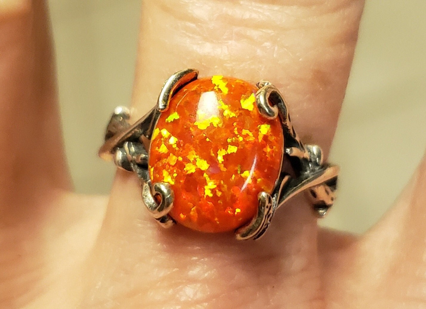 Orange Fire Opal Ring, See Video! Vine & Leaf Ring, Firey 10x12mm Lab ...