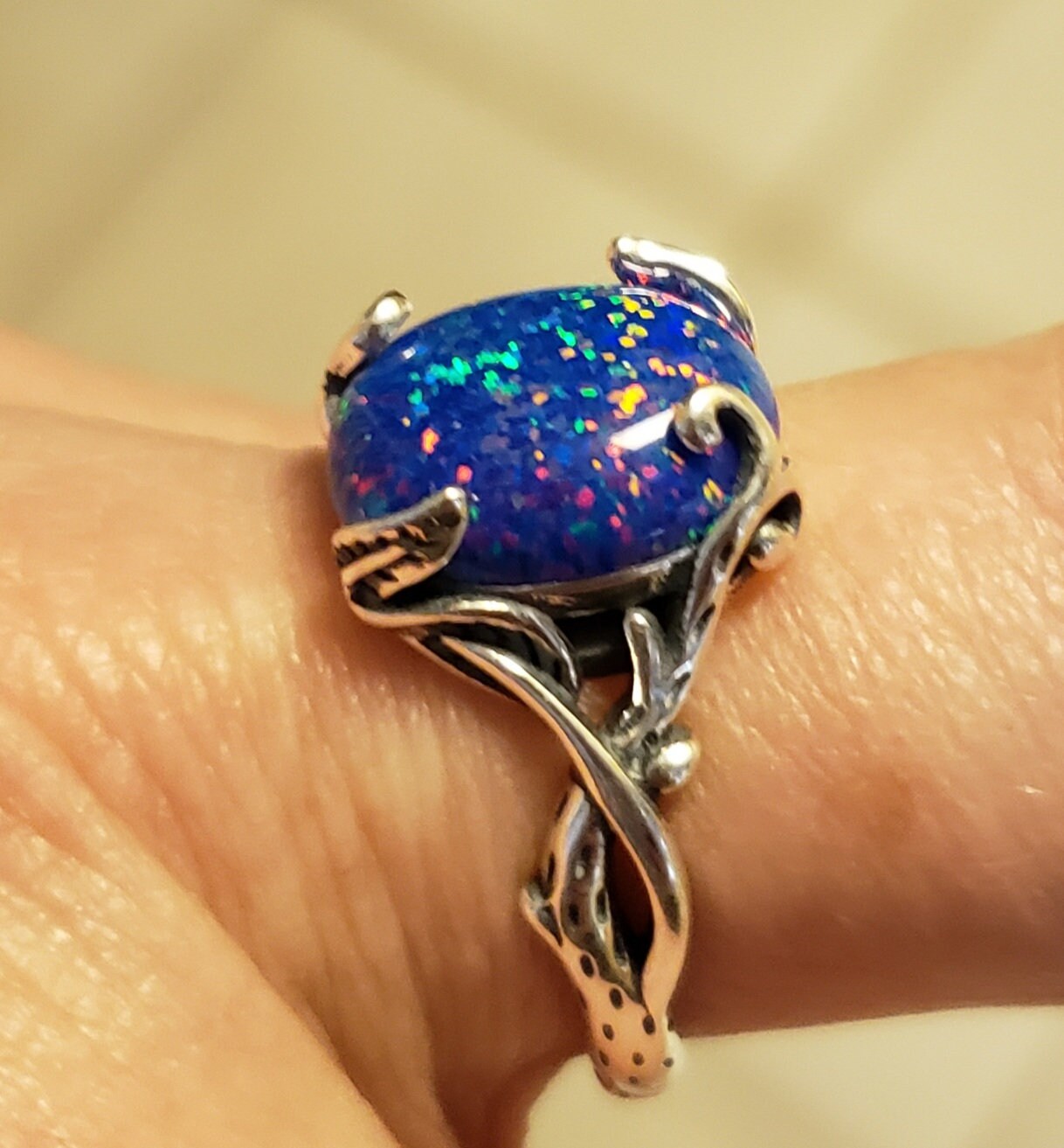 Starry Night Deep Blue Opal Ring, See Video! Gorgeous Lab Created Opal ...