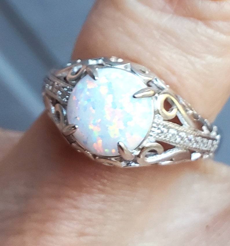 White Fire Opal Vintage Style Ring See Video 8mm Lab Created - Etsy