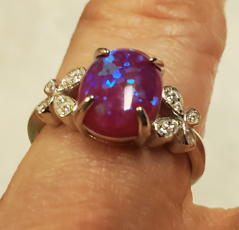 Magenta Opal Butterfly Ring, See Video! Blue Flash Lab Created Opal ...