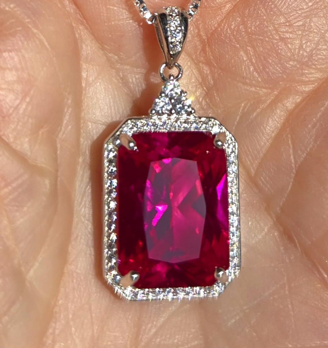 Ruby Rectangle Necklace, 12x16mm Deep Red Lab Grown Ruby, 925 Sterling ...