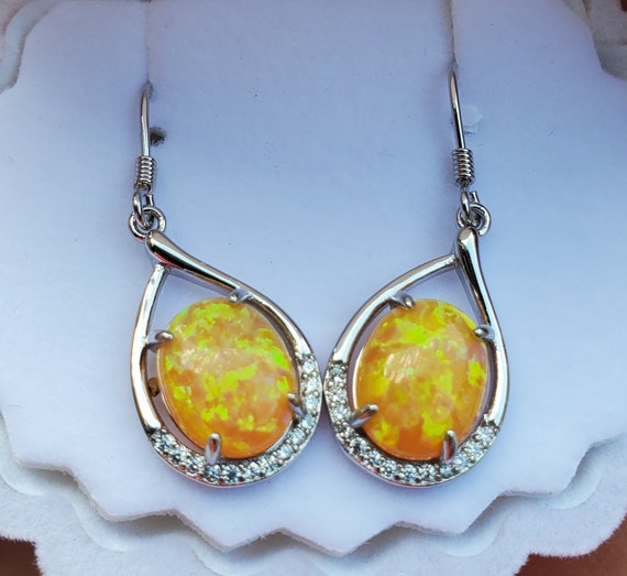 Yellow Orange Opal Earrings See Golden Citrine Fire Opal On Video 8x10mm Lab Created Opal 925 Sterling Earring Ear Wire Style Shell Box Etsy