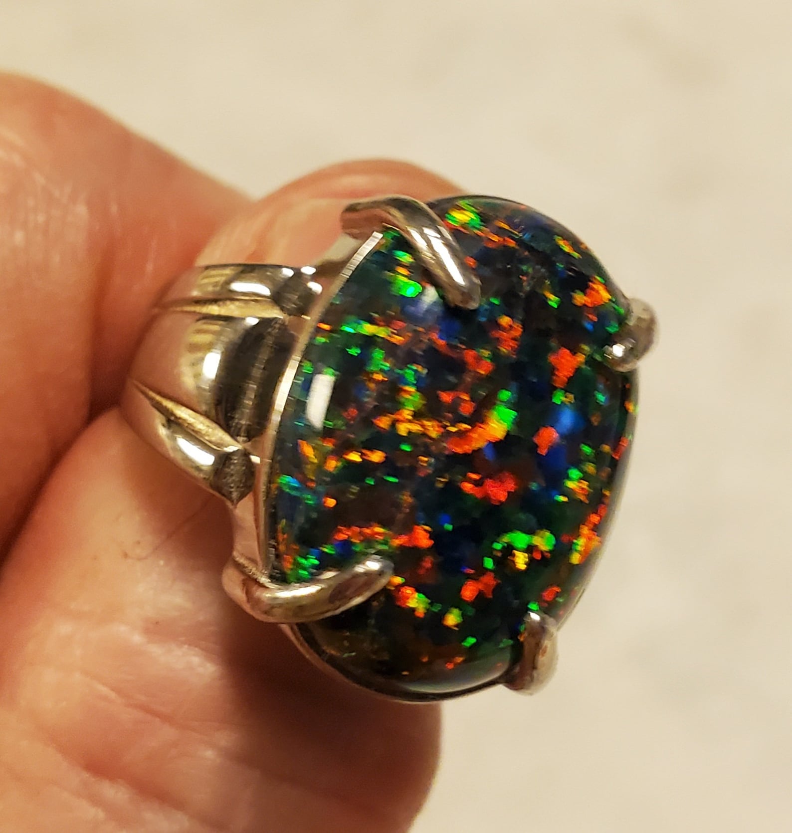 Very Large Black Opal Ring, See Multicolored Fire on Video! 15x20mm Lab ...