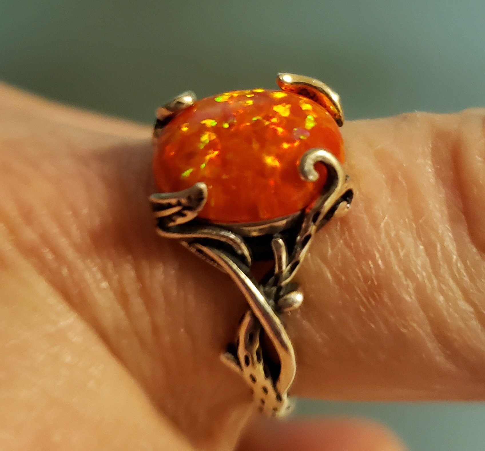 Orange Fire Opal Ring, See Video! Vine & Leaf Ring, Firey 10x12mm Lab ...