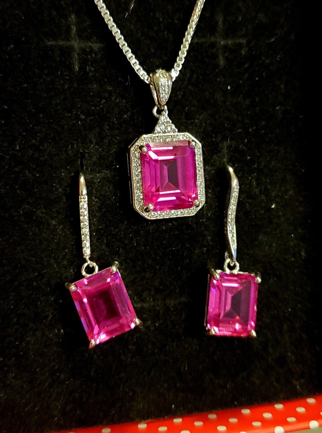 Pink-red Ruby Rectangle Set, Necklace/earrings, 11x9mm/8x10mm Lab ...
