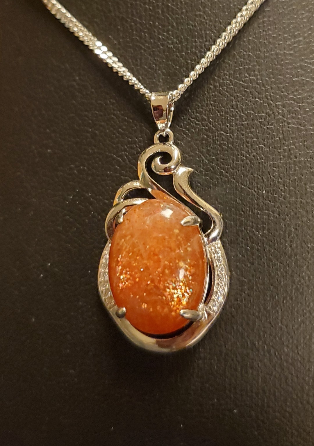 Natural Orange Sunstone Necklace, See Sparkle on Video! Big 13x17mm ...