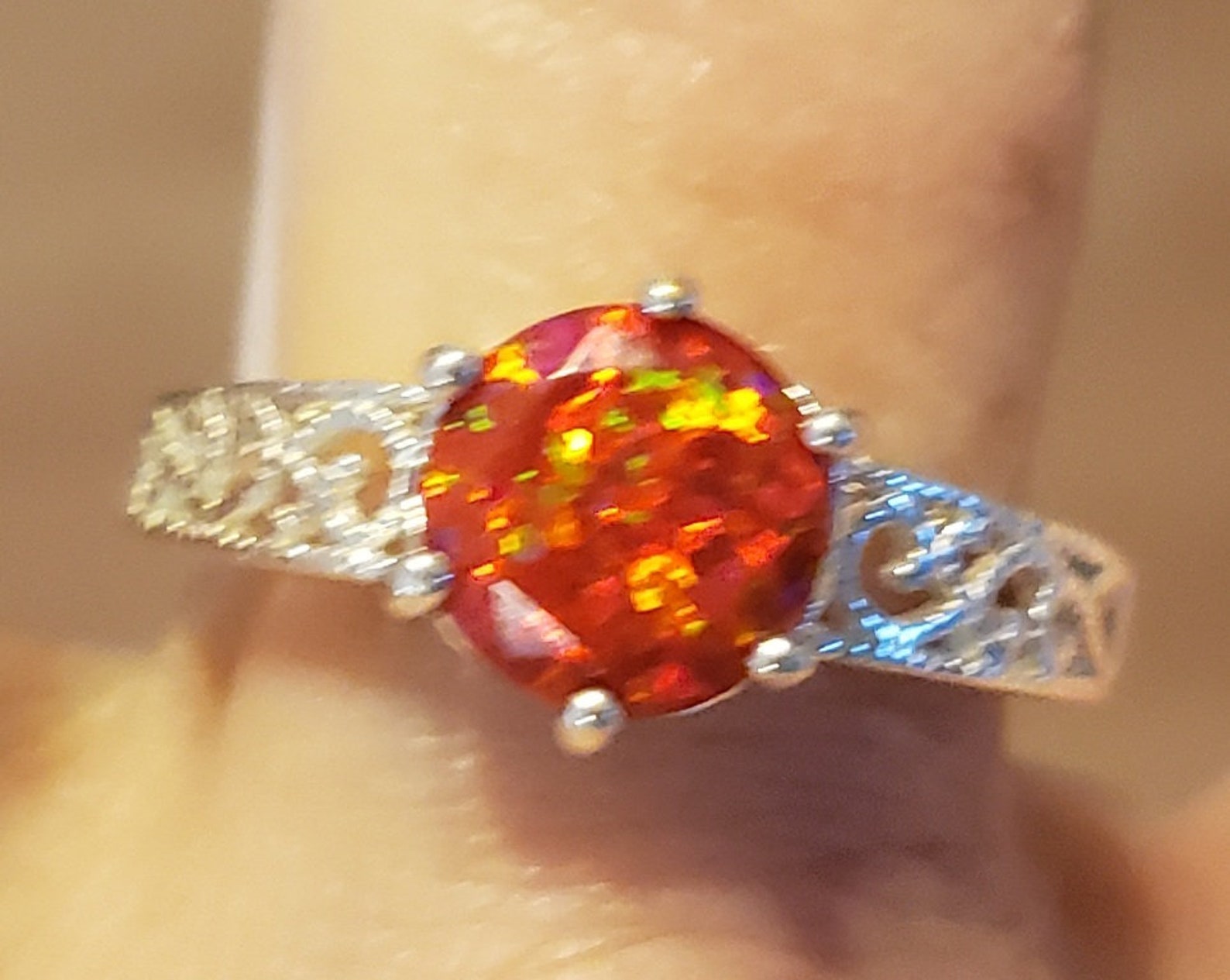 Red Round Fire Opal Ring See Video Bright Red Lab Opal Full | Etsy