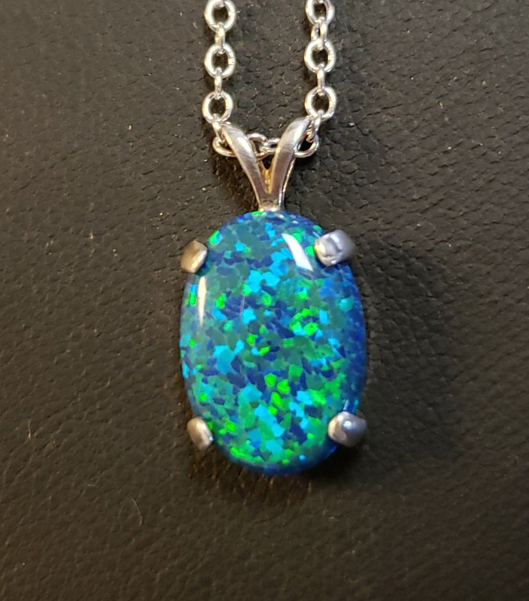 Collier opale bleu paon, opale créée en laboratoire, 10 x 14 mm ...