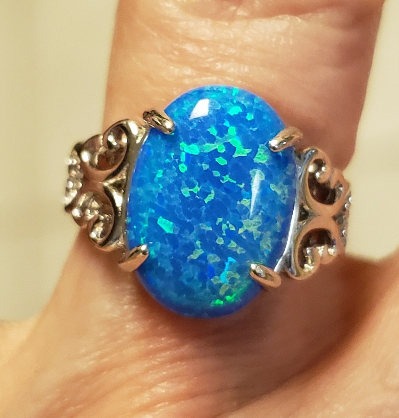 Blue Opal Ring Must See Shimmer in Video 10x14mm Lab - Etsy