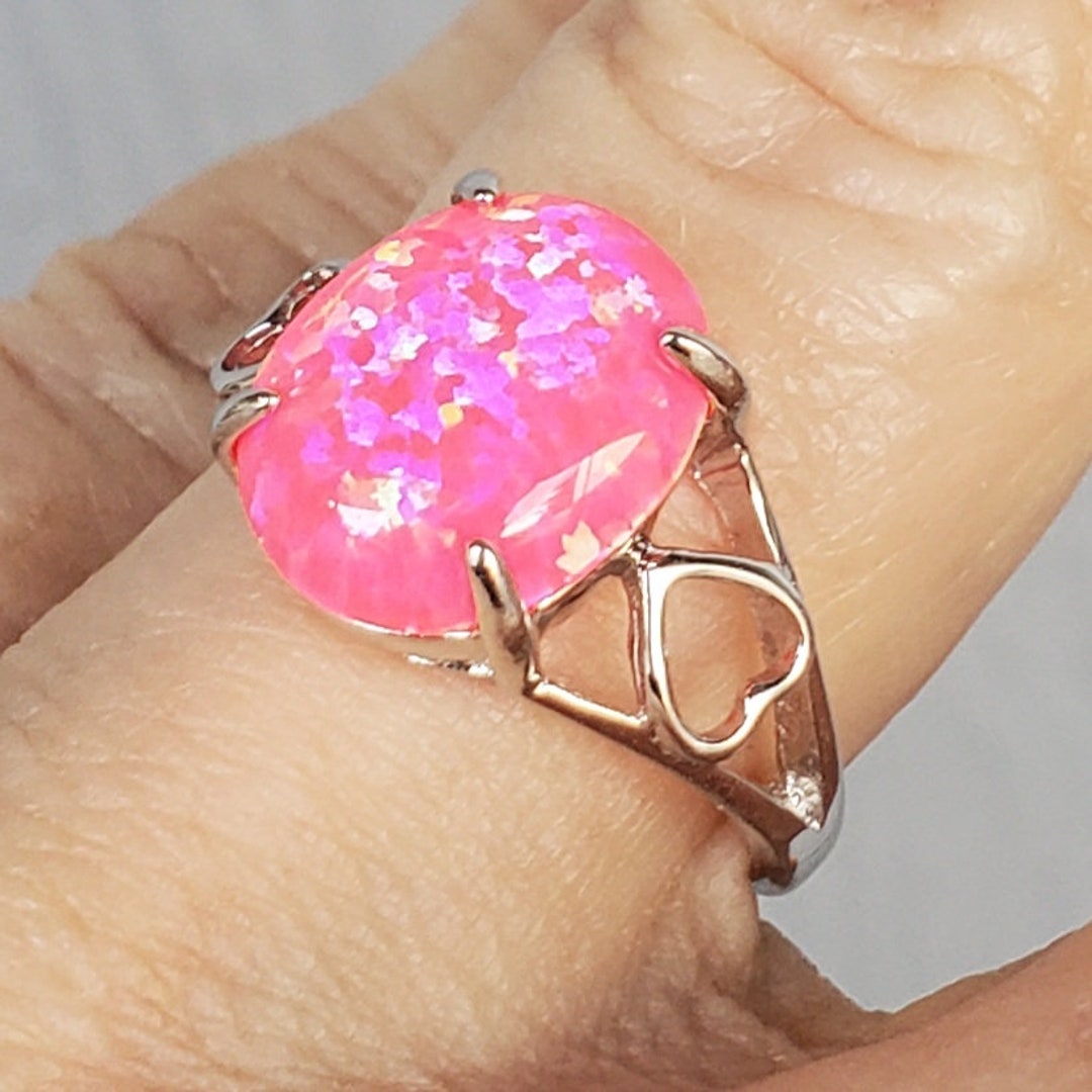 Bright Pink Opal Heart Ring, See Fire on Video! 11x9mm Lab Created Opal ...