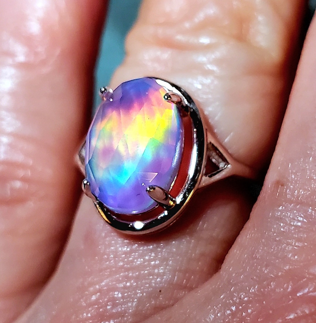 Aurora Opal Ring, See Rainbow on Video! 8x12mm Synthetic Rose Cut Opal, 925 Sterling Silver Oval ...
