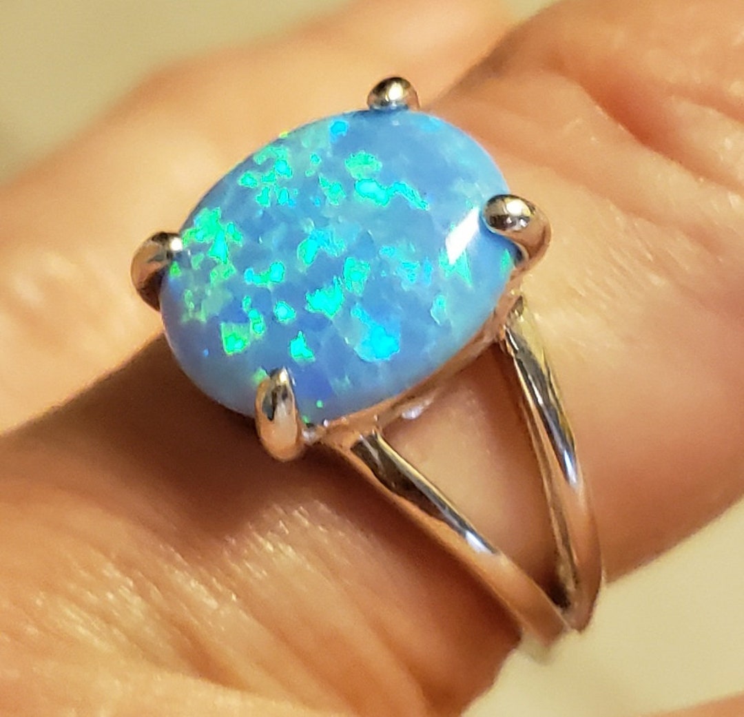 Blue Opal Ring, Beautiful See Video! Big 10x12mm Lab Created Opal, 925 Sterling Silver Split ...