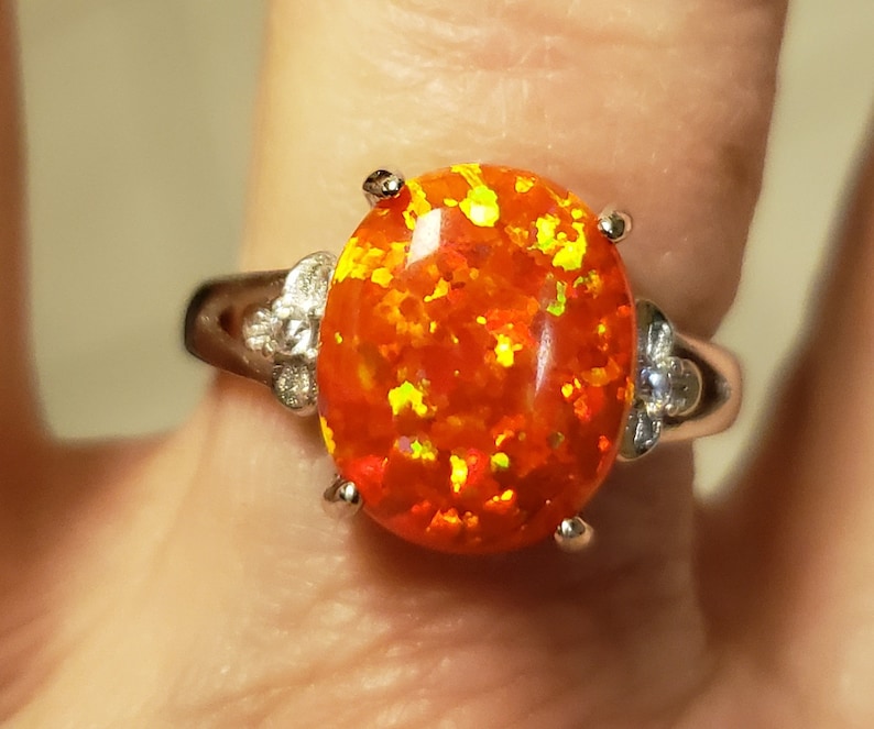 Orange Fire Opal Ring 10x12mm Lab Created Opal W/gorgeous - Etsy