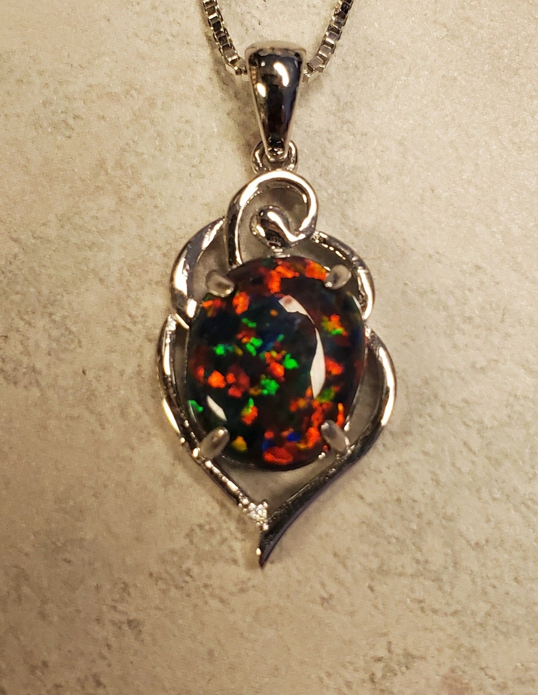 Black Fire Opal Necklace, See Multicolored Fire on Video! 10x12mm Lab ...
