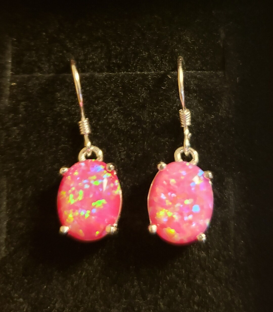 Bright Pink Opal Silver Earrings. Vivid Pink 8x10mm Lab Created Opals, 925 Sterling Silver Hook ...