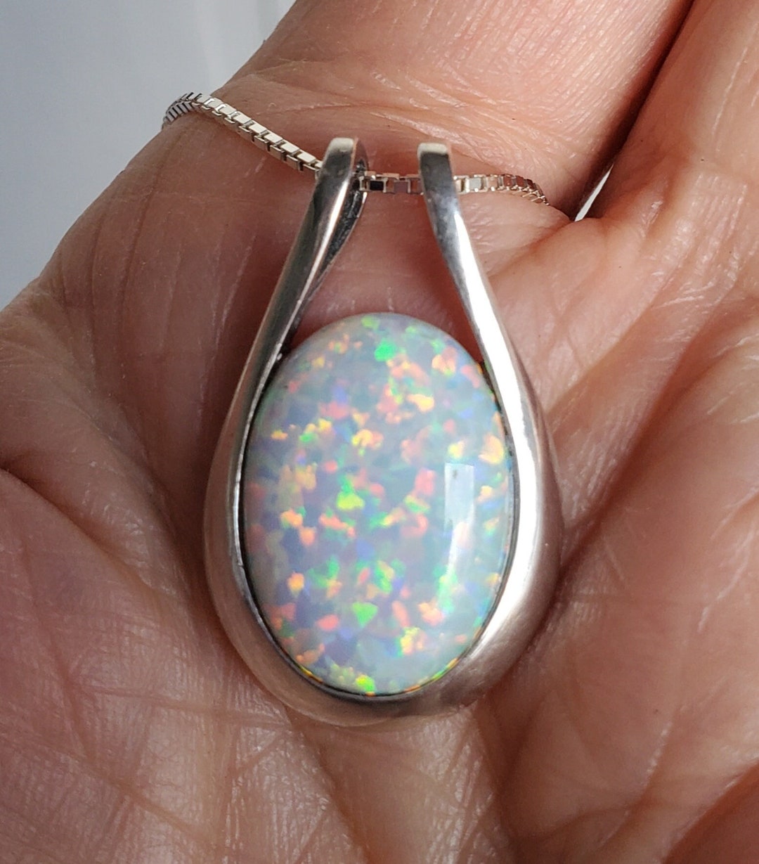 White Fire Opal Necklace, See Rainbow Fire on Video! Large 13x18mm Lab ...